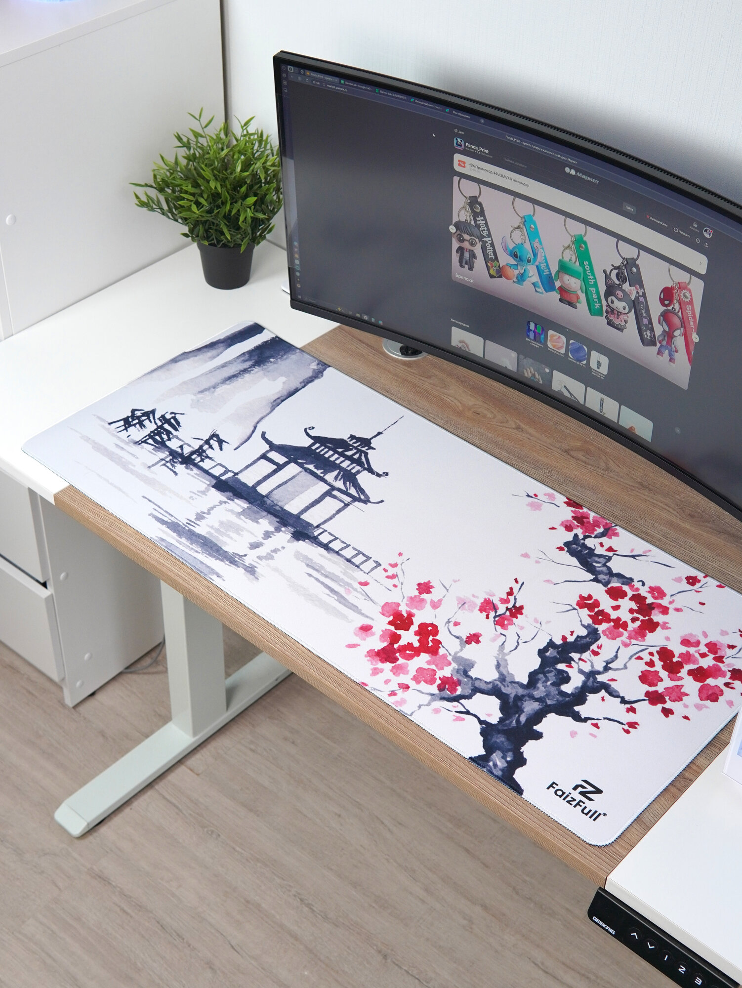 Игровой коврик для мыши и клавиатуры большой 900х400 мм «Сакура и Пагода», эстетичный коврик