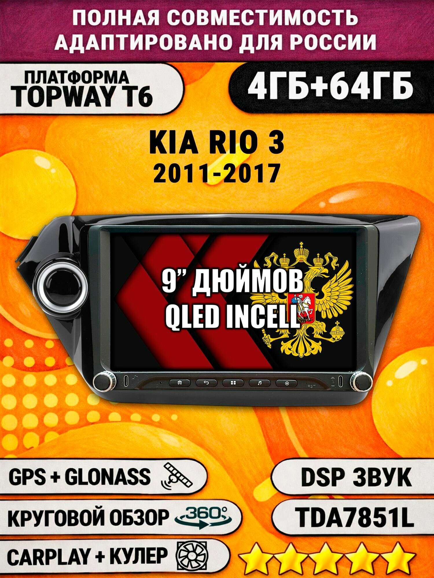 Штатная магнитола Андроид 9 для KIA RIO 3 (2011 2012 2013 2014 2015 2016 2017) Киа Рио, 4/64гб, DSP, 360 обзор, беспроводной CarPlay и Android Auto, GPS и ГЛОНАСС