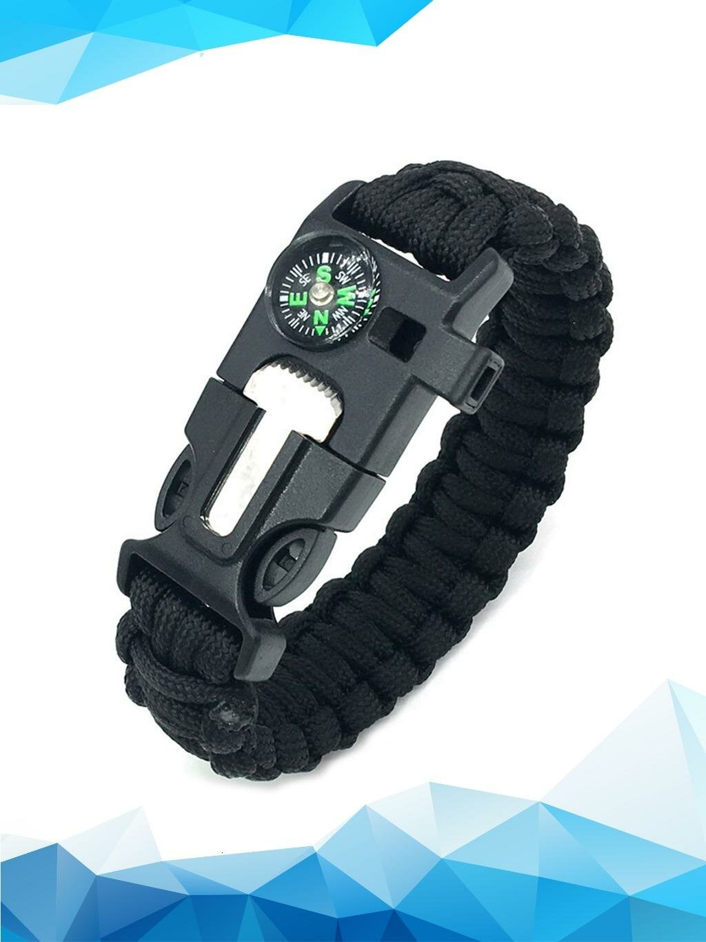Тактический паракордовый браслет с компасом, свистком и кремнём, Черный