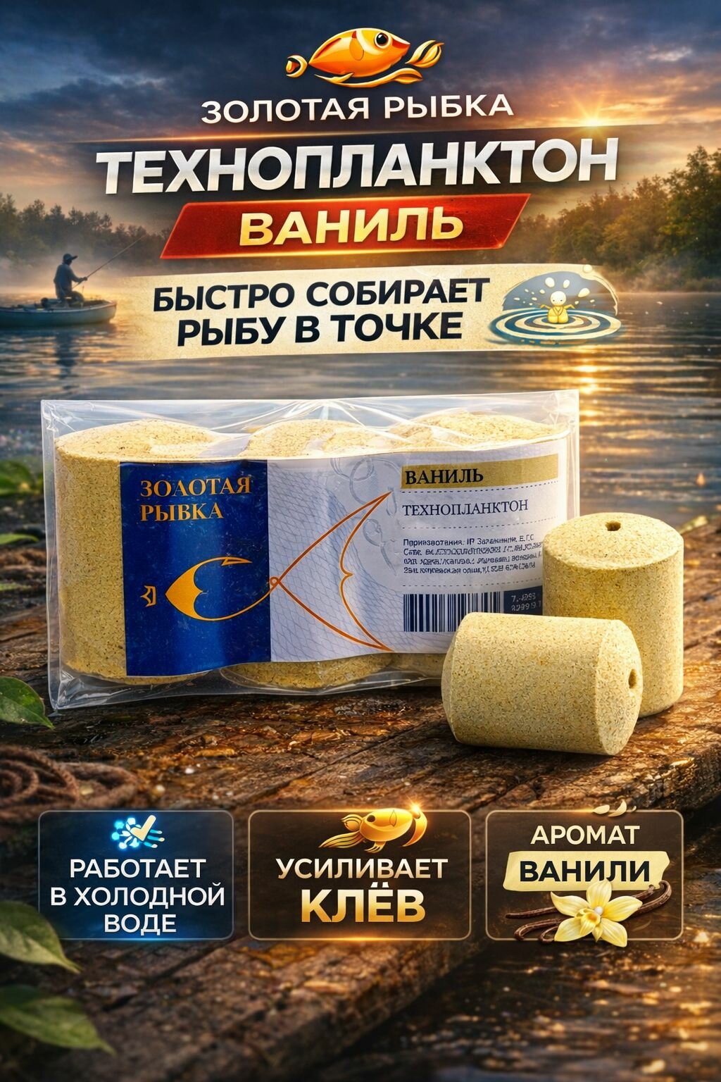 Технопланктон "Ваниль" для Толстолоба и Карпа, Брикет Прикормки для Рыбалки в Холодной Воде, Золотая Рыбка