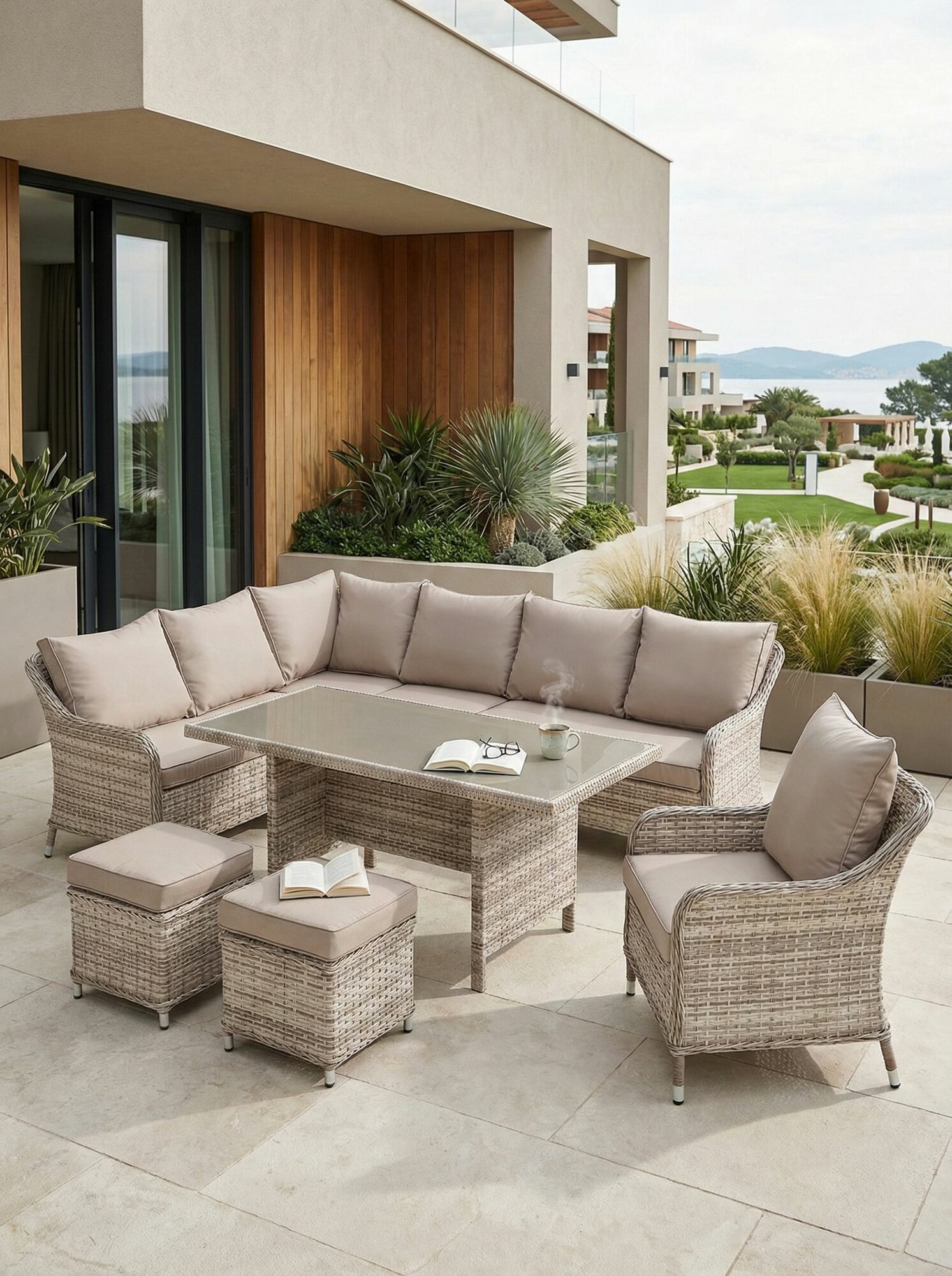 Комплект садовой мебели для дачи и сада из искусственного ротанга Монако-8 Корнер, серый