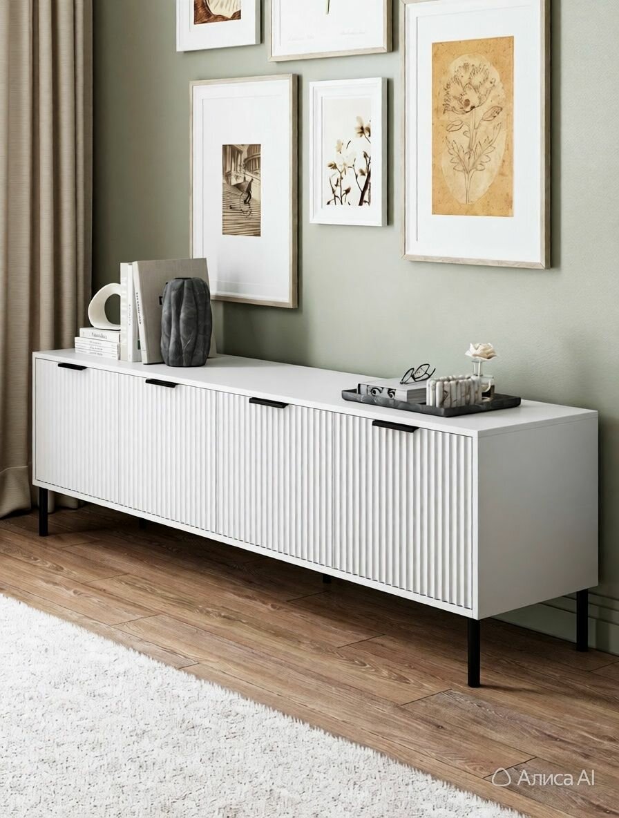 Тумба под телевизор напольная 210х40х55 см, белый с черной фурнитурой