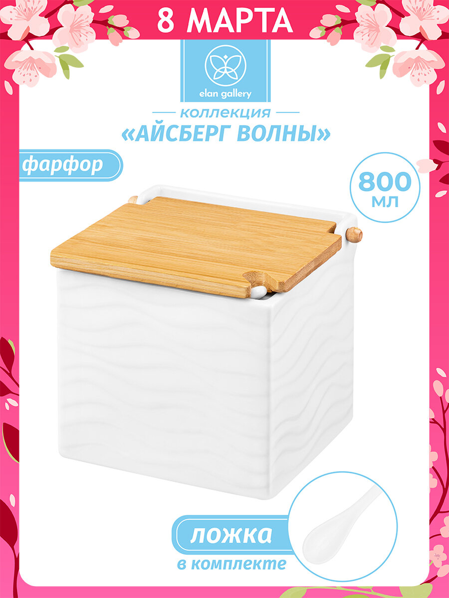 Банка для хранения сыпучих продуктов, соли, специй, чая, кофе 800мл Elan Gallery Айсберг волны + ложка + откидная крышка
