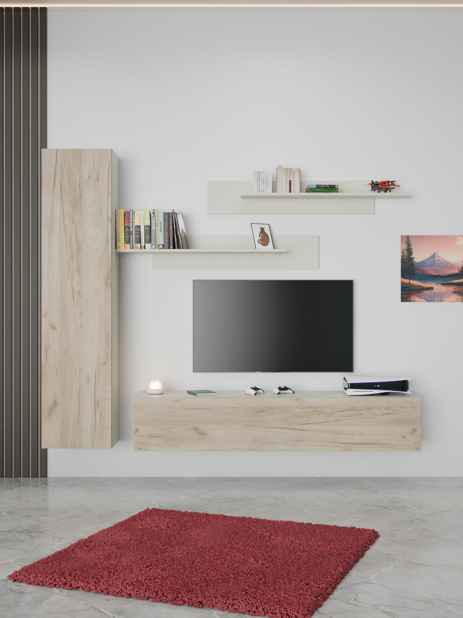 Стенка в гостиную, стенка для гостиной Флекс, подвесная 200х170х40 см (ШхВхГ), бежевый-дуб крафт серый