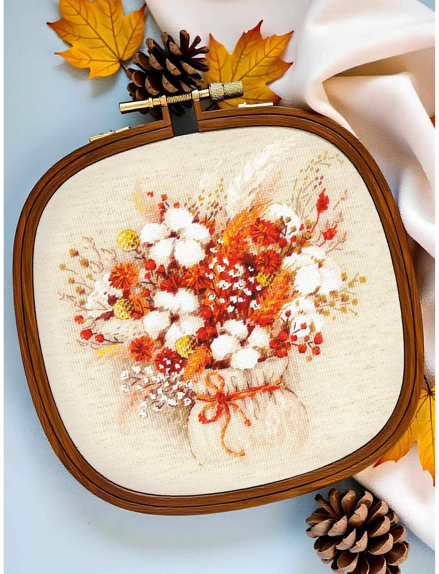 Набор для вышивания крестом Риолис, вышивка крестиком "Букет с лагурусом и хлопком", 25*25 см, 1913