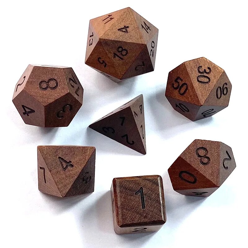 Деревянный набор кубиков DND Rosewood (D4, D6, D8, D10, D12, D20, D100)