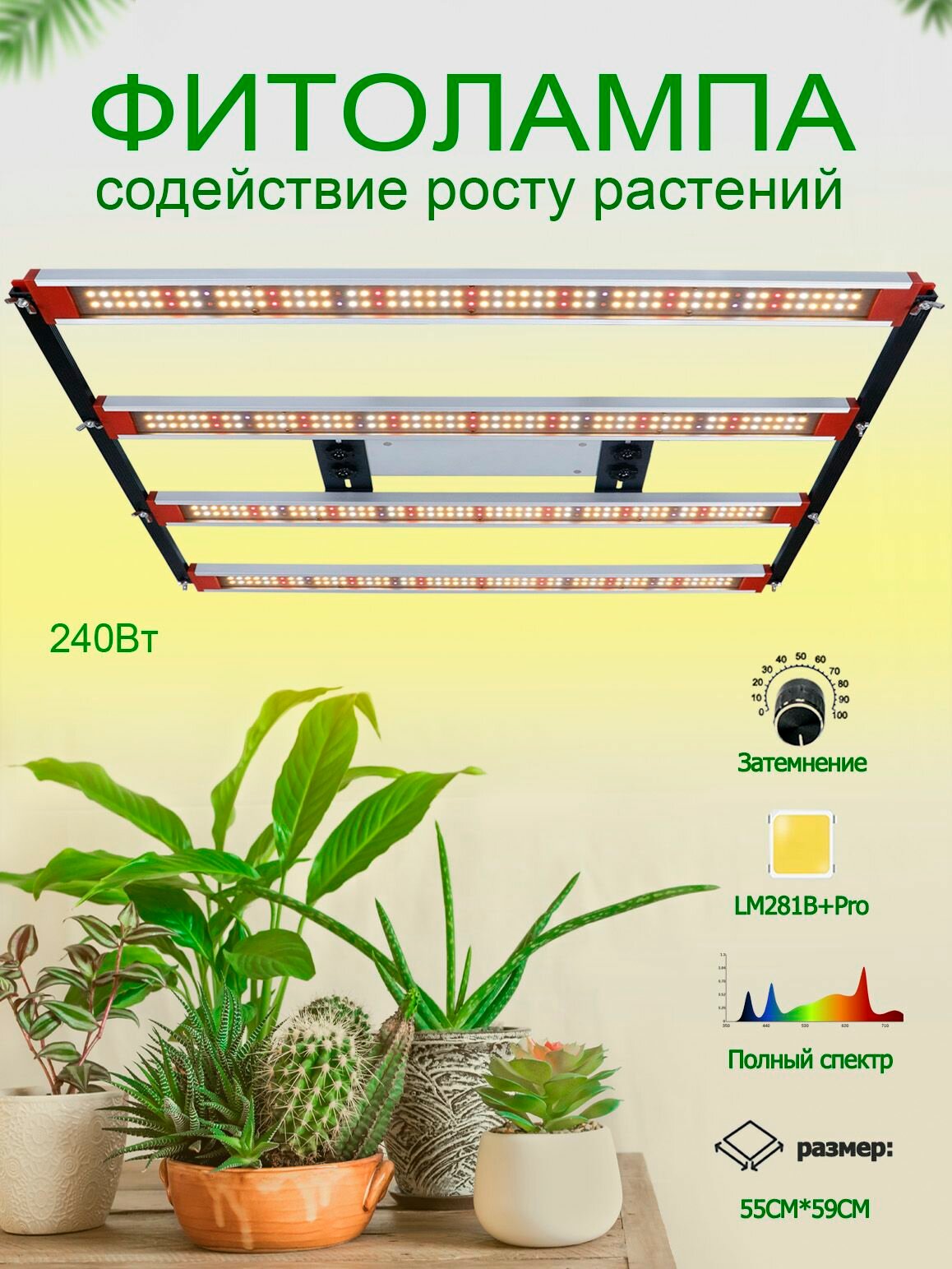 Светильник для растений 240 Ватт/ LM-281B+PRO, 3000K,5000К, 450-660 нм. фитолампа, квантум борд
