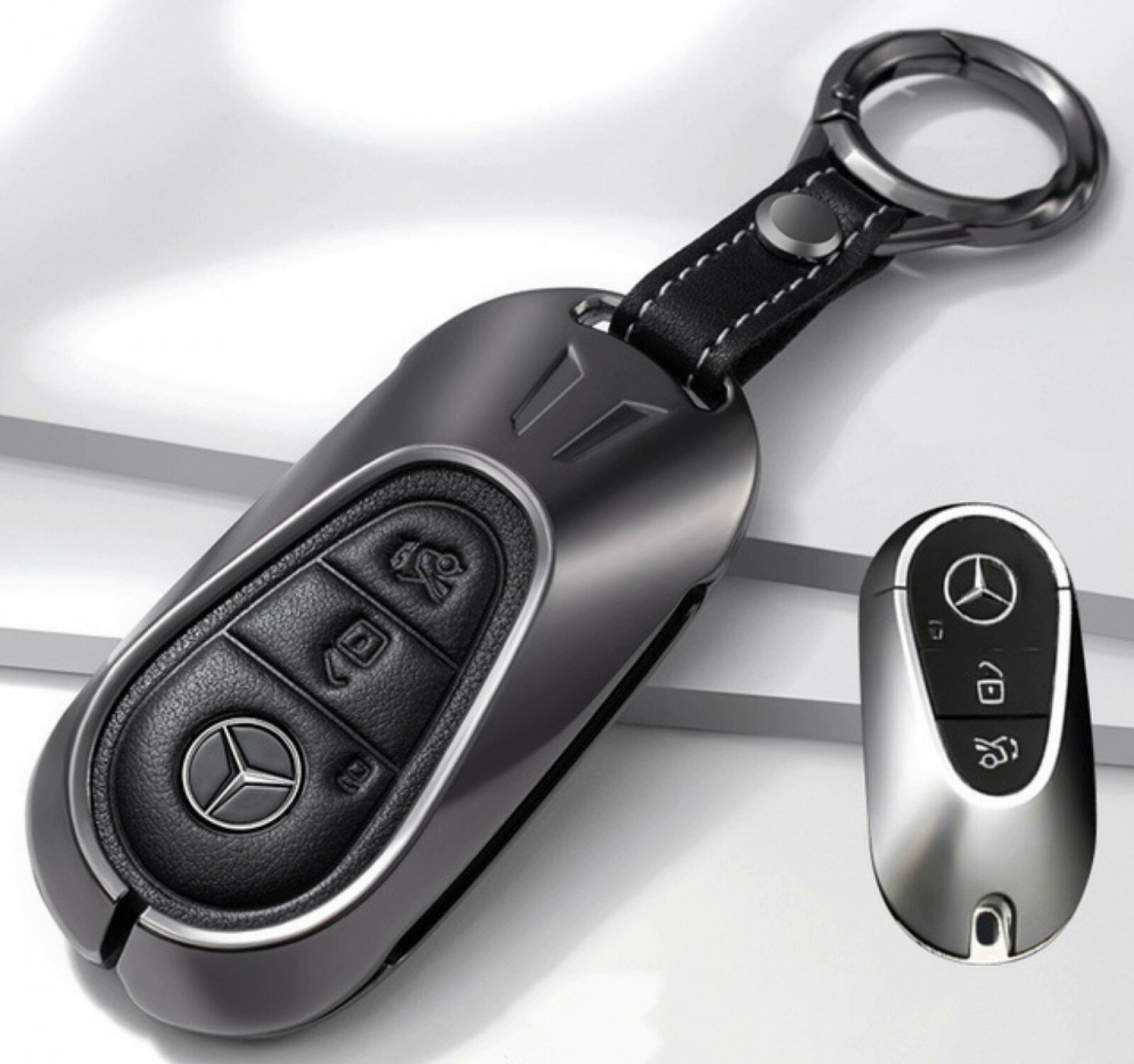 Металлический противоударный чехол MyPads для ключа Mercedes-Benz с брелком, черный