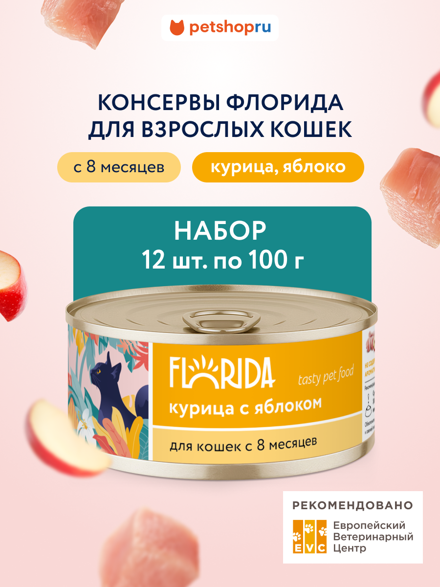 FLORIDA Консервы для кошек, курица с яблоком, набор 12 шт по 100 г, влажный корм, 1,2 кг