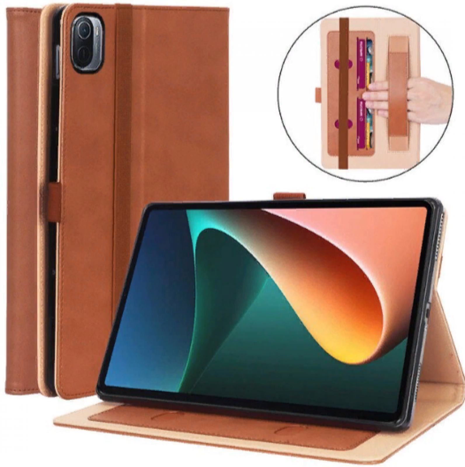 Чехол бизнес класса MyPads Prestige для Xiaomi Mi Pad 5 и Mi Pad 5 Pro 11 из натуральной коричневой кожи с визитницей и держателем для руки