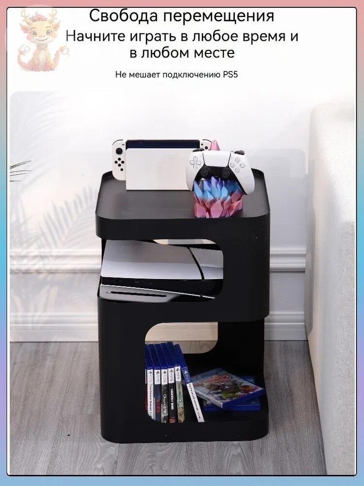 Черная тумба для гостиной и игровой приставки 40х40х55 см из ЛДСП с полками — фото 1