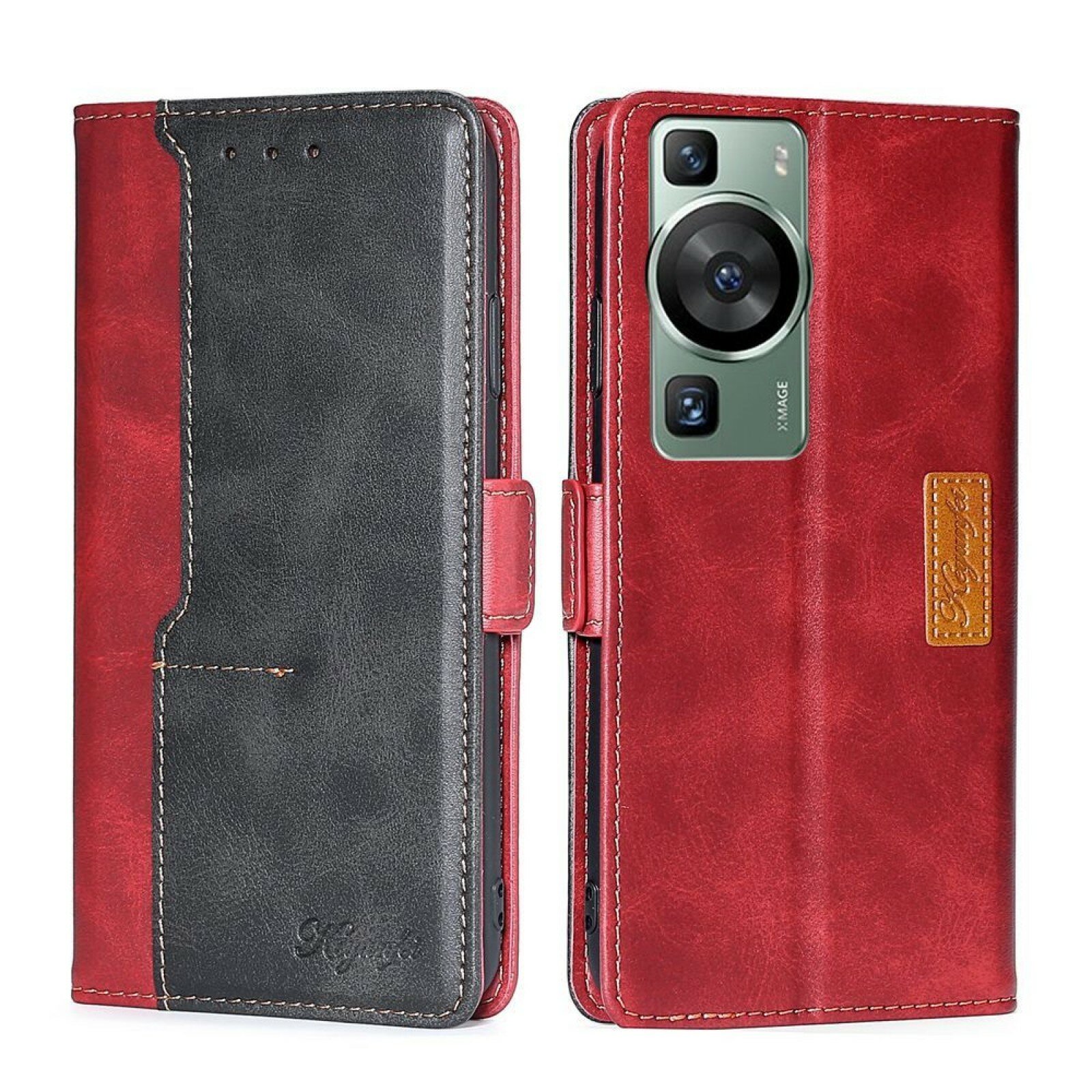 Чехол-книжка MyPads для Huawei P60 / P60 Pro двухцветный чёрный и красный с магнитом и подставкой