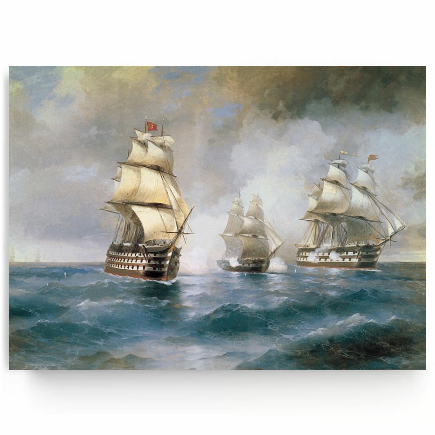 Айвазовский/ "Бриг Меркурий , атакованный двумя турецкими кораблями", Репродукция картины на холсте, 30х40 см.
