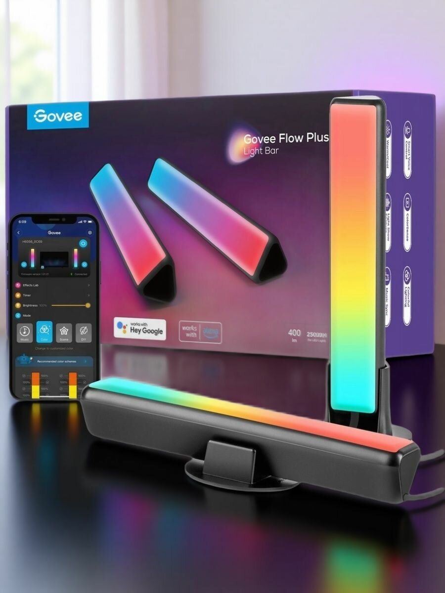 Лампа настольная светодиодная неоновая, RGB cветильник для телевизора Govee RGBICWW WiFi + Bluetooth Flow Plus Light Bars, умная подсветка диагональю до 45 дюймов