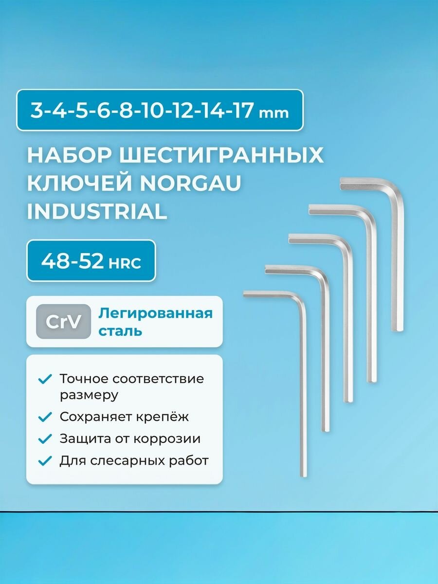 Набор шестигранных хромированных ключей 3-17 мм NORGAU Industrial для винтов с внутренним шестигранником, 9 предметов