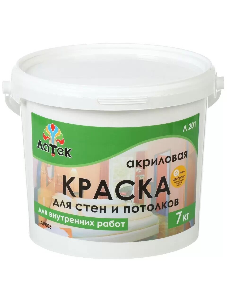 Краска акриловая Оптимист Латек Л201, водно-дисперсионная, для стен, потолков, 7 кг