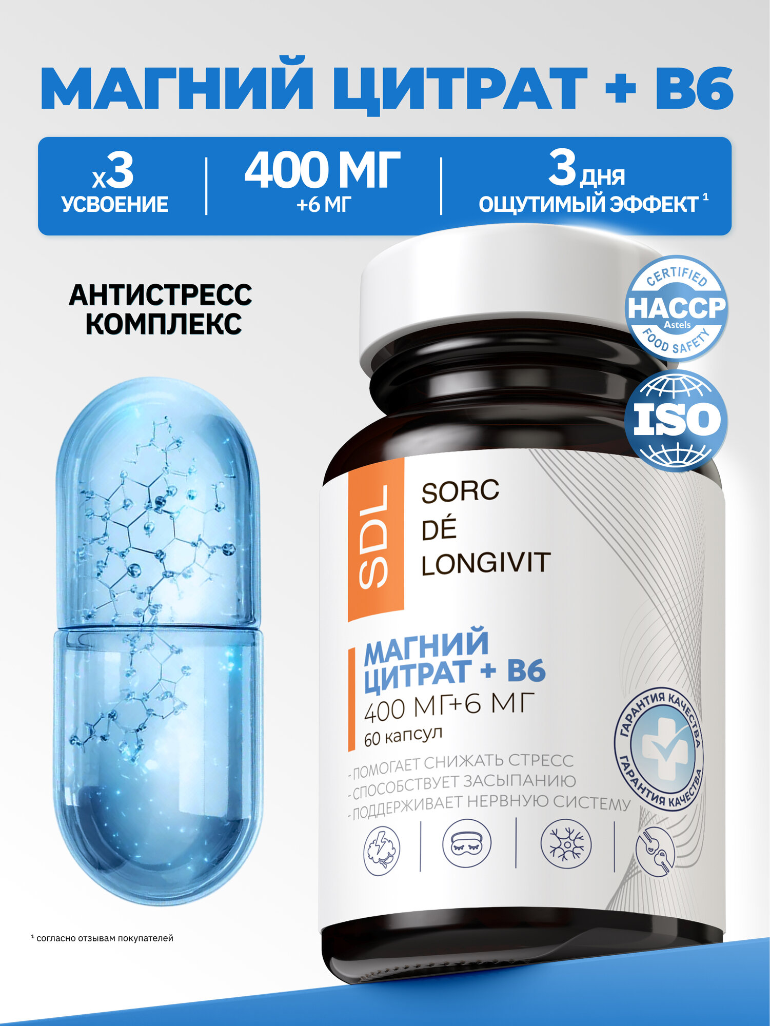 Магний Цитрат с витамином B6, SDL , для нервной системы, 400 мг + 6 мг, 60 капсул