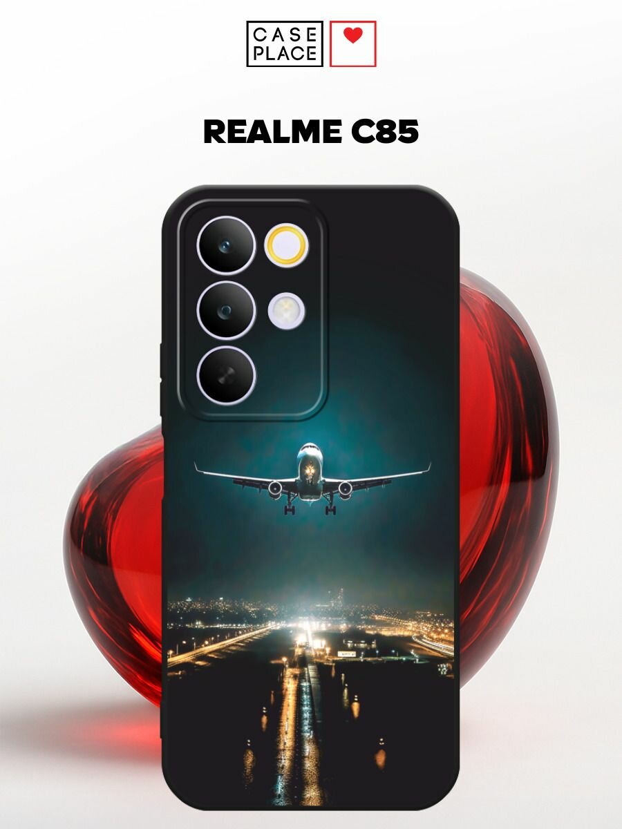 Черный матовый чехол на Realme C85 / Реалми C85 с принтом Взлет самолета ночью