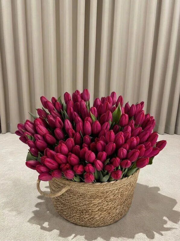 Корзина из ярких тюльпанов — Корзина из малиновых тюльпанов, 101 шт