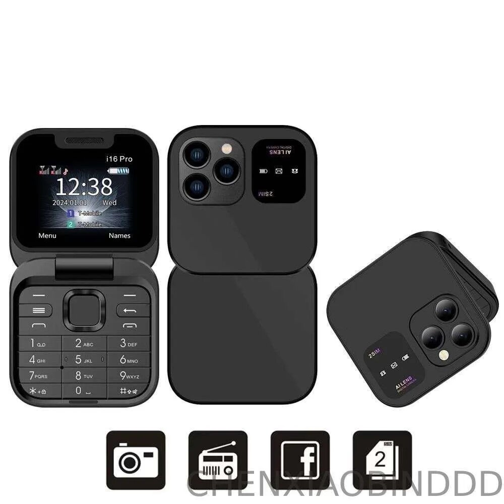 Мобильный телефон i16 Pro раскладушка, черный, 2 SIM, 3 камеры, экран 1.77 дюйма