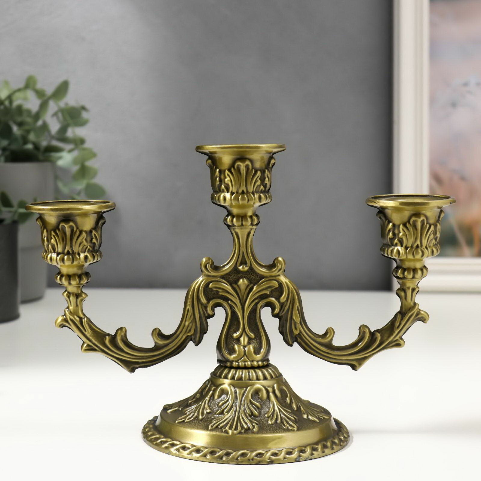 Металлический подсвечник на 3 свечи "Канделябр. Узоры природы", под латунь, 20x14x10 см