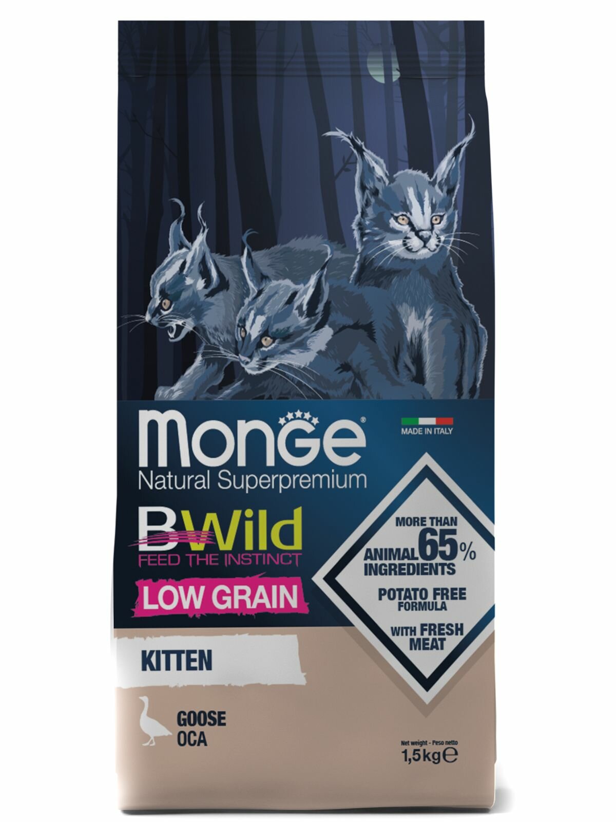 Сухой корм Monge Cat BWild LOW GRAIN Kitten, для котят, низкозерновой, из мяса гуся 1,5 кг