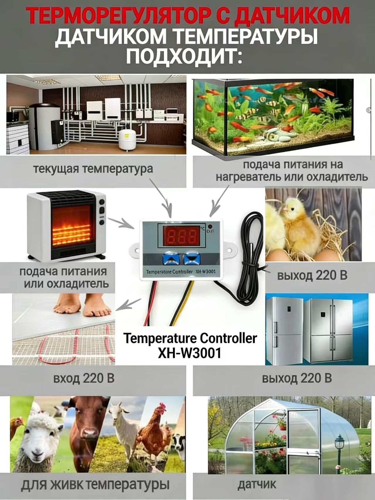 Терморегулятор электронный с датчиком 220В для брудера инкубатора