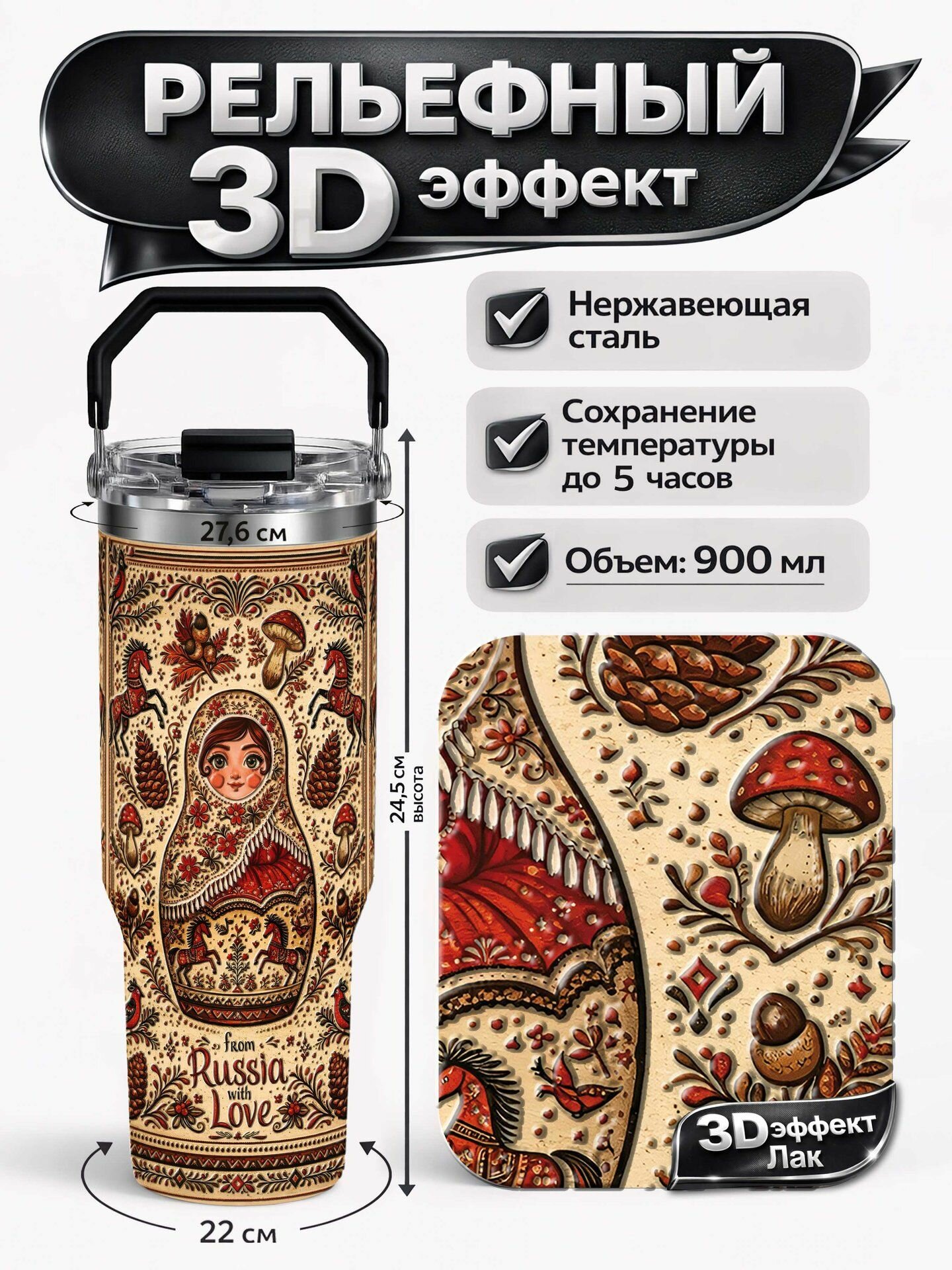 Термокружка 3D Матрешки Роспись Мезенская