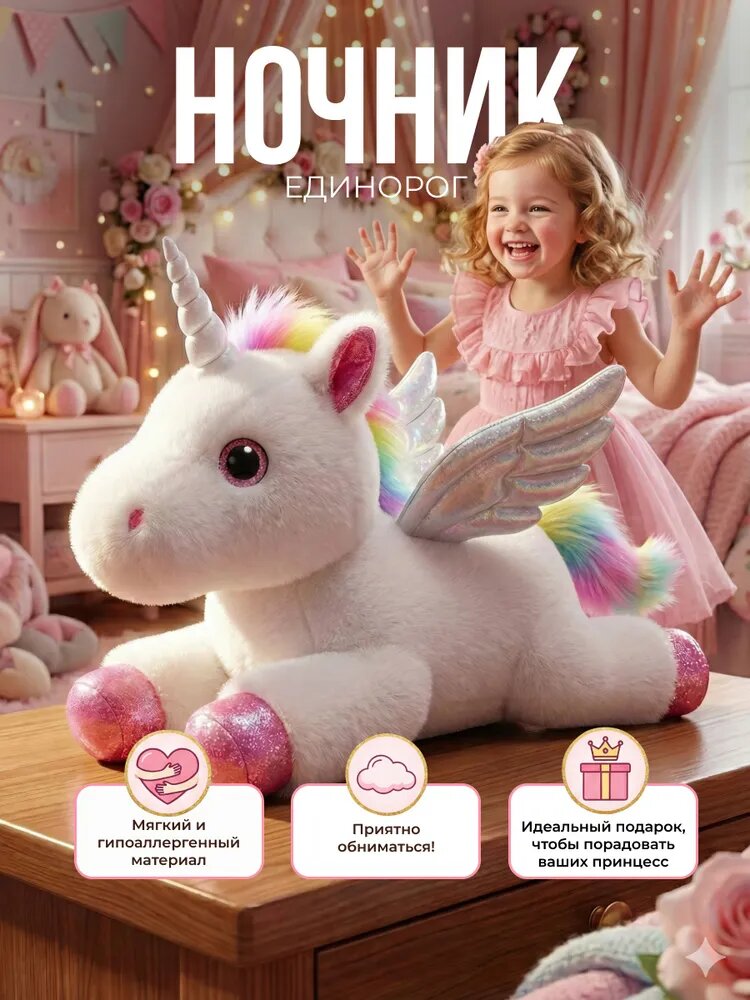 Ночник, мягкая игрушка единорог, 2 режима