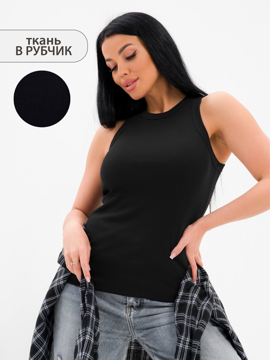 Майка черная трикотажная в рубчик хлопок базовая больших размеров