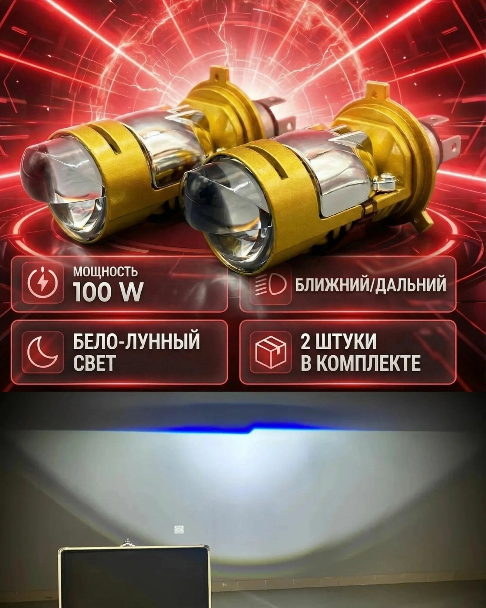 LED лампы H4 с линзами Лазер / Светодиодные Led Laser - Без разборка фар и доработок проводки автомобильные LED лампочки