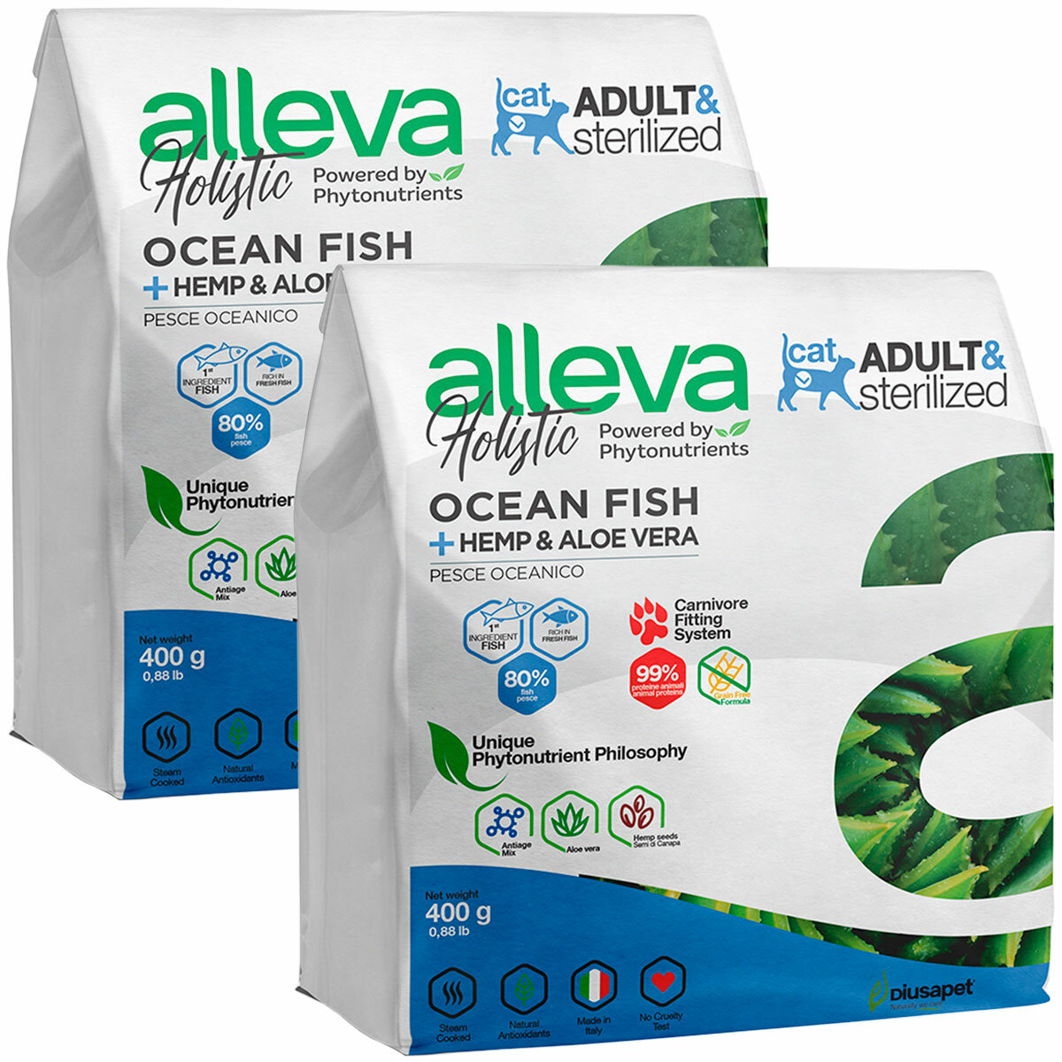 Корм сухой Alleva Holistic Adult&Sterilized Cat Ocean Fish беззерновой для взрослых кошек, океаническая рыба, конопля и алоэ вера, 0,4 кг 2 шт