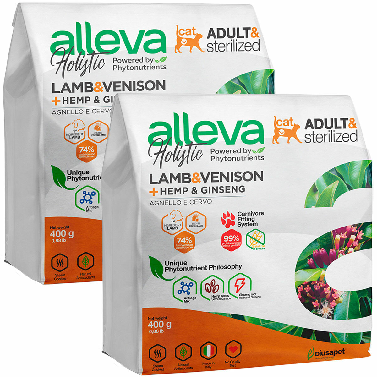 Корм сухой Alleva Holistic Adult & Sterilized Cat Lamb & Venison беззерновой для взрослых кошек, ягненок оленина конопля женьшень, 400 г х 2 шт