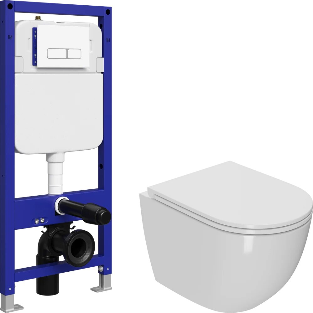 Комплект 5 в 1 Унитаз подвесной Bauedge BL0001-HQ2 / Инсталляция с кнопкой STWORKI Кронборг S28500WH / Крышка-сиденье, Комплект шумоизоляции