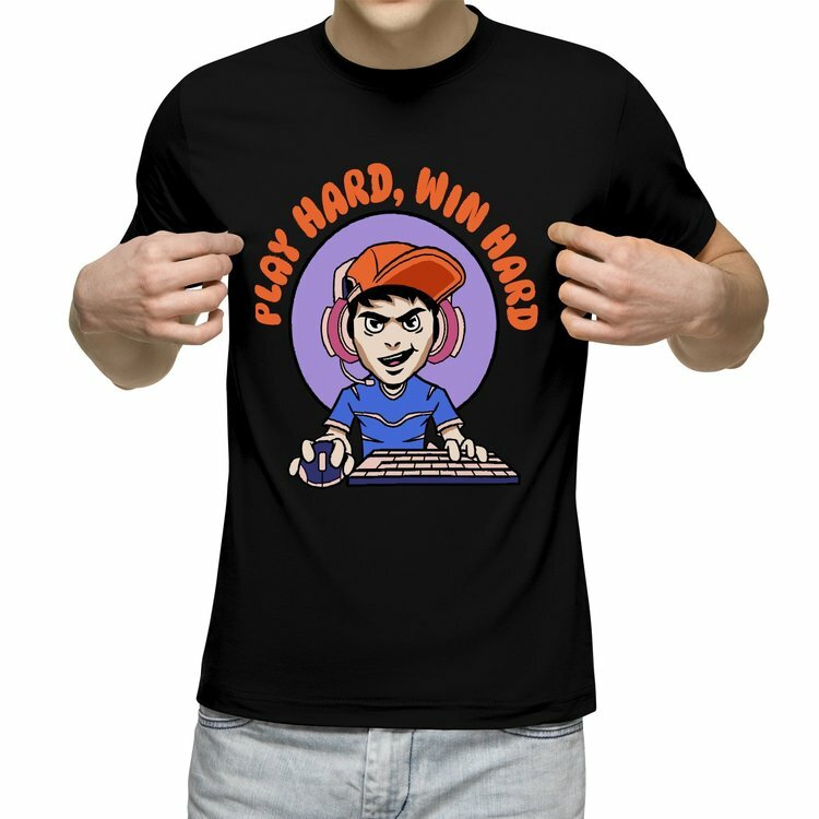 Мужская футболка «Геймер, Play Hard, Win Hard, компьютер» (черный, 3XL)