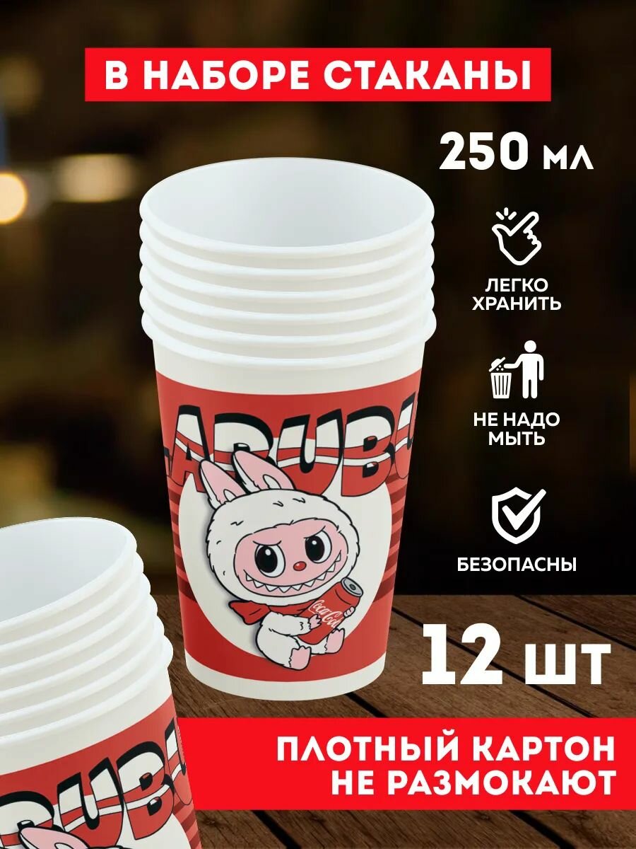 Одноразовая посуда для праздника на день рождения Лабубу Labubu. Одноразовые тарелки и стаканы. Набор для пикника, 12 персон. Сервировка праздничного стола.