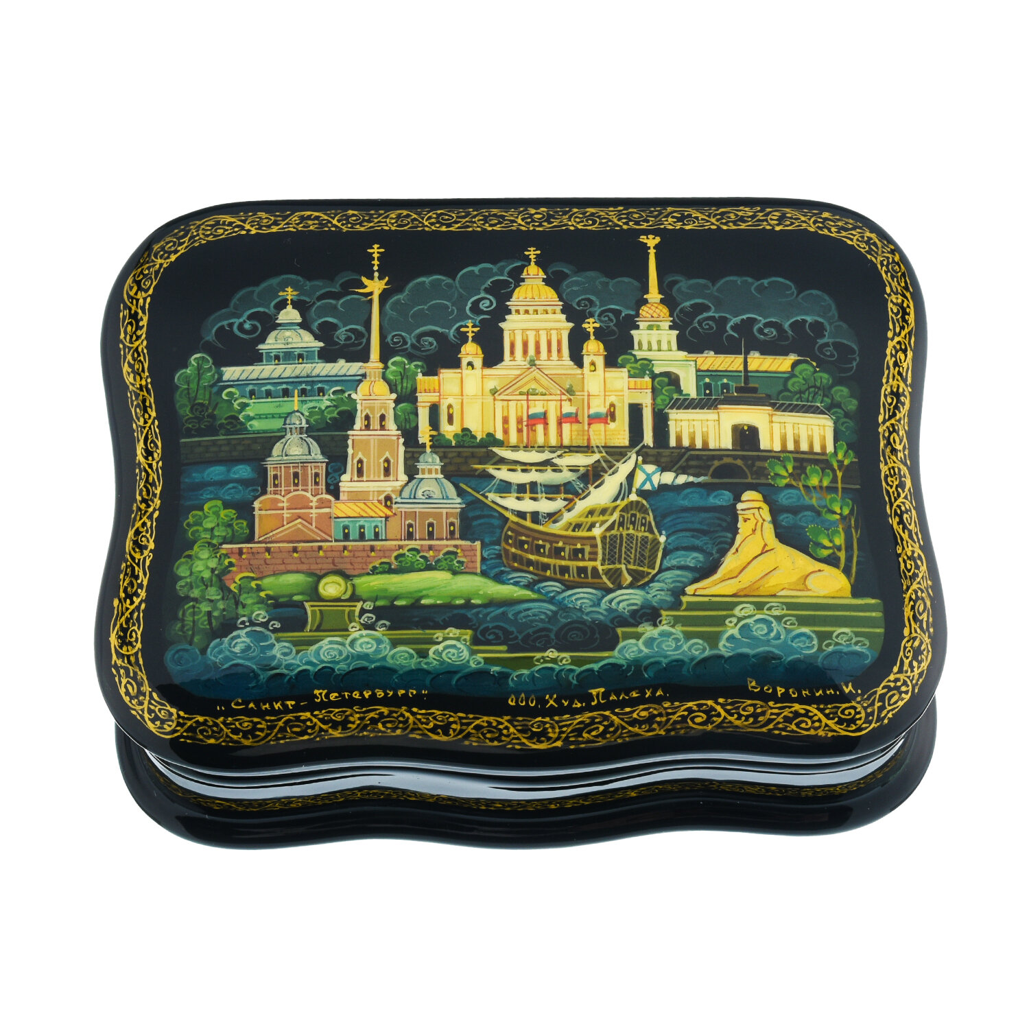 0044916/10*8см Лаковая миниатюра Палех шкатулка "Санкт-Петербург" Воронин