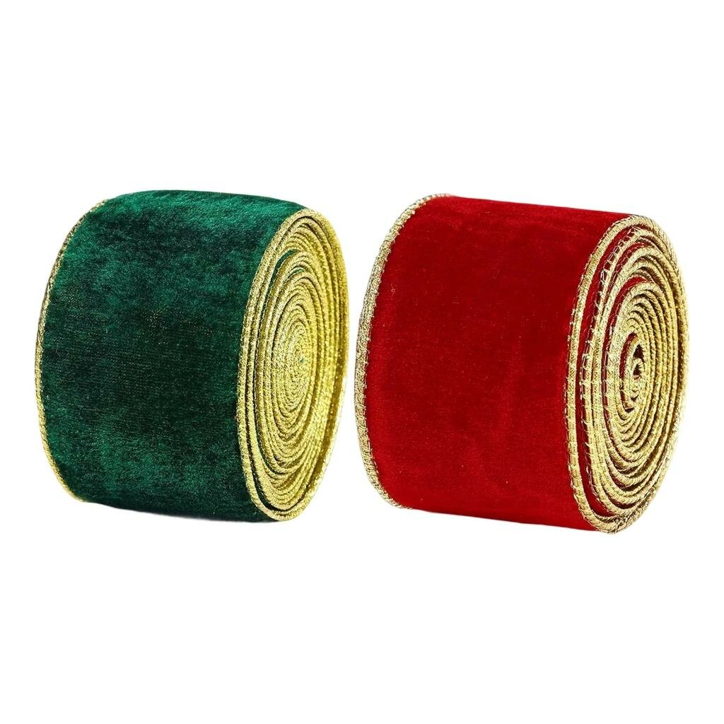 Велветовая рождественская лента с золотой каймой, Зеленый и красный