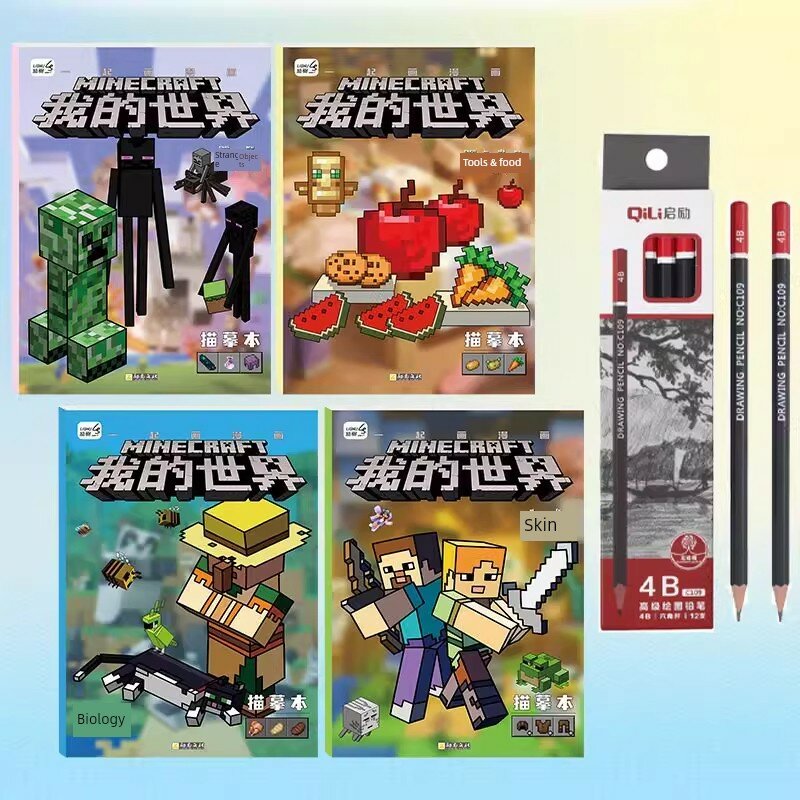 Комплект из 4 Томов Minecraft для Раскрашивания с Коробкой Карандашей для Детей, Линейные Рисунки
