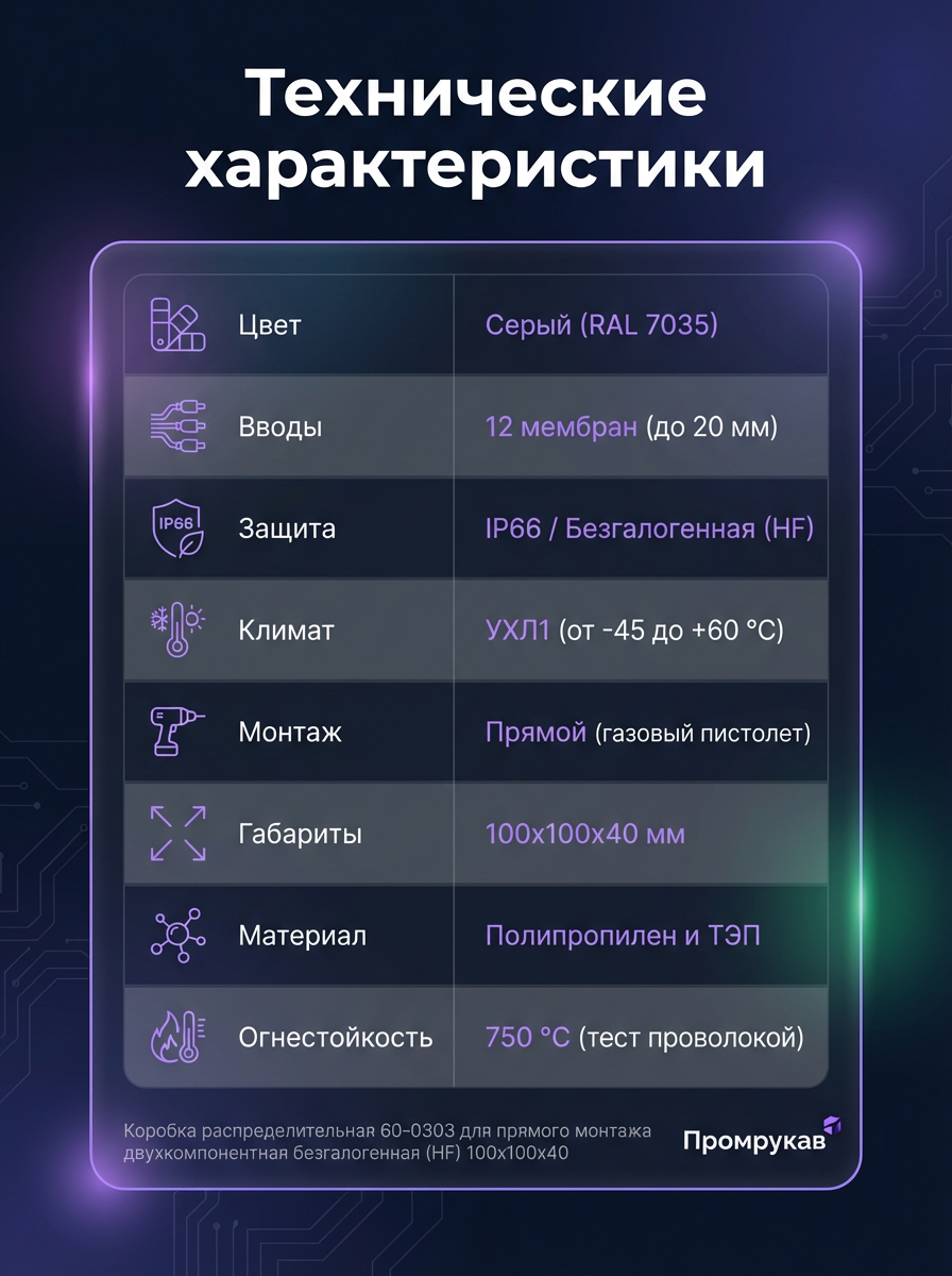 Коробка распределительная 60-0303 для прямого монтажа двухкомпонентная безгалогенная (HF) 100х100х40 Промрукав
