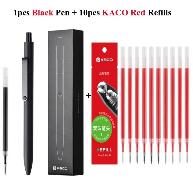 Черная гелевая ручка KACO + 10 красных перезаполняемых стержней
