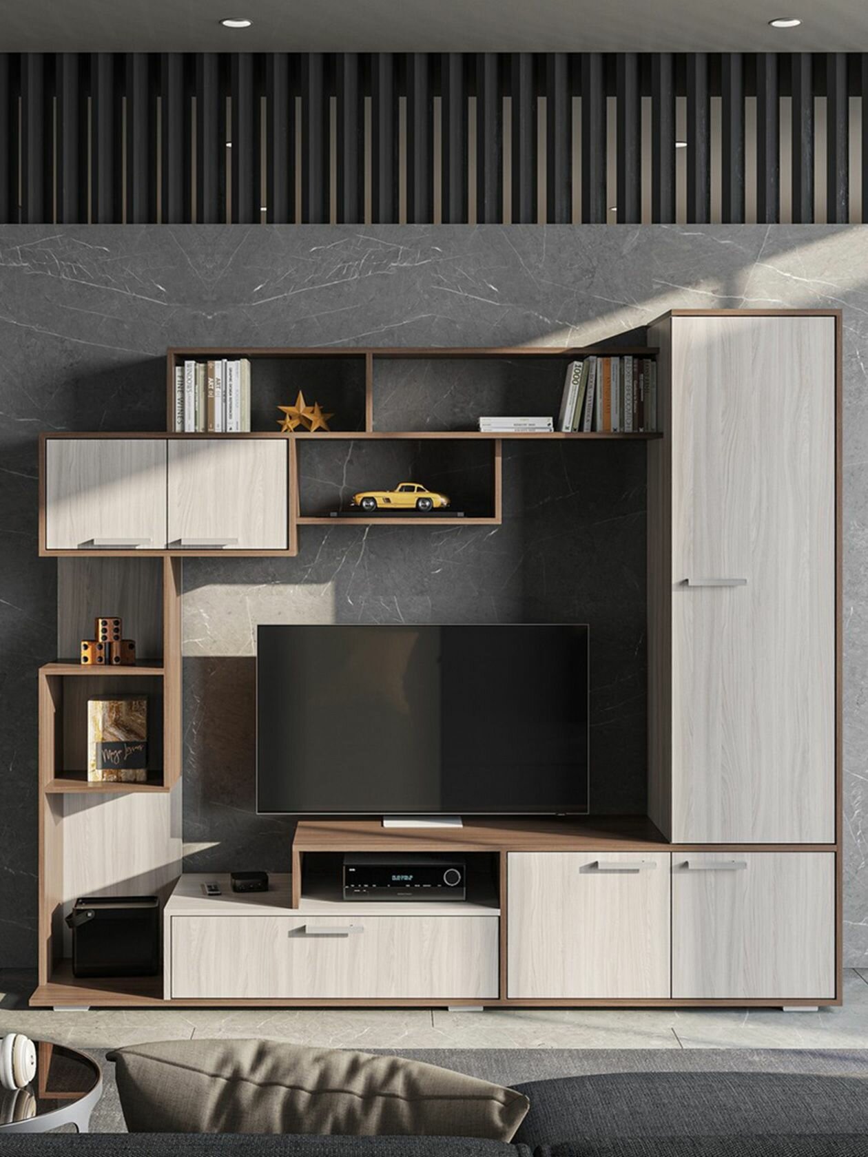 Гостиная комплект Капри, шкаф, тумба под телевизор, полки, 210x42x182 см, Ясень шимо светлый / Ясень шимо темный