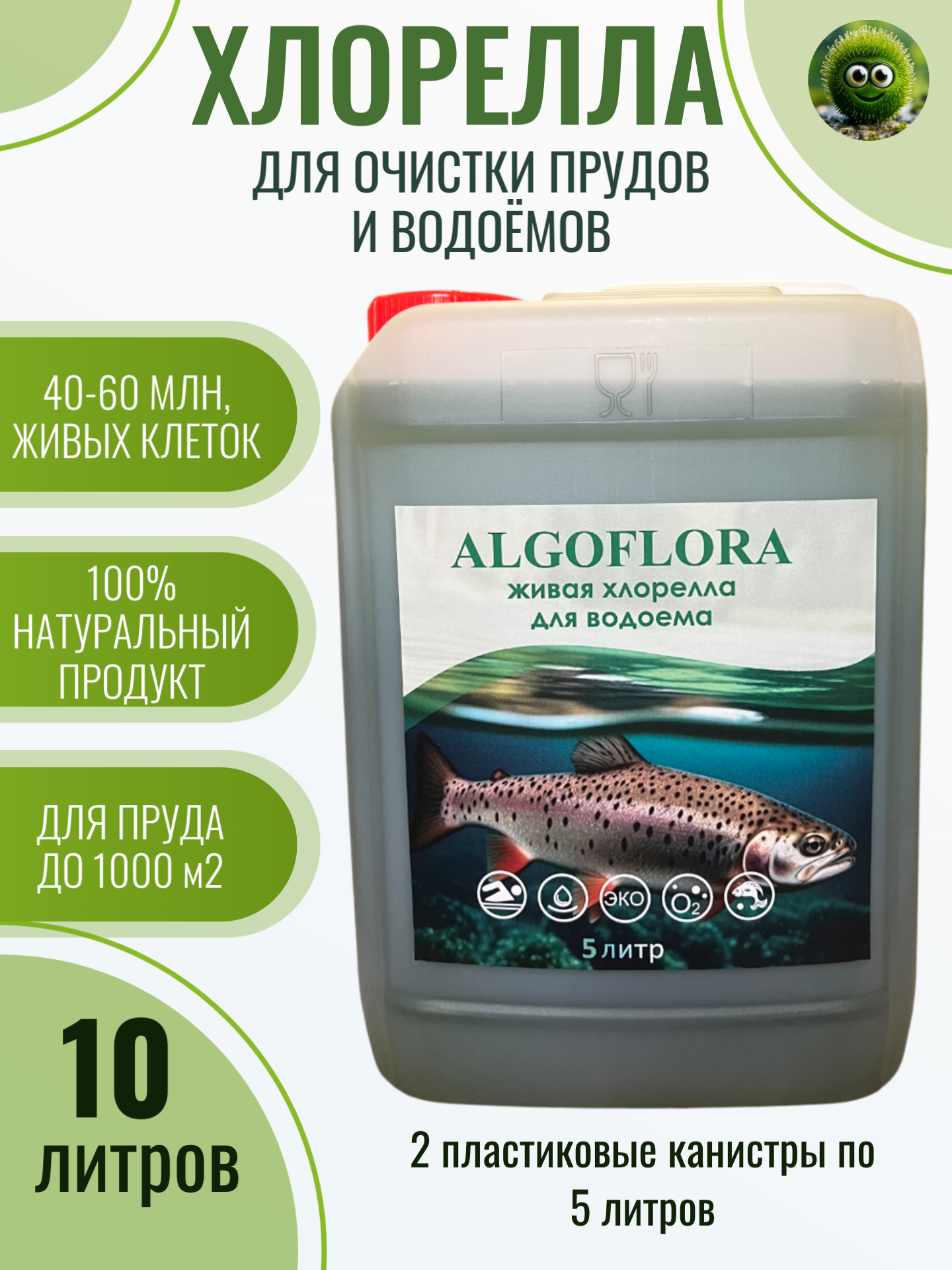 Хлорелла для биологической очистки прудов и водоемов 10 литров суспензия 2 канистры