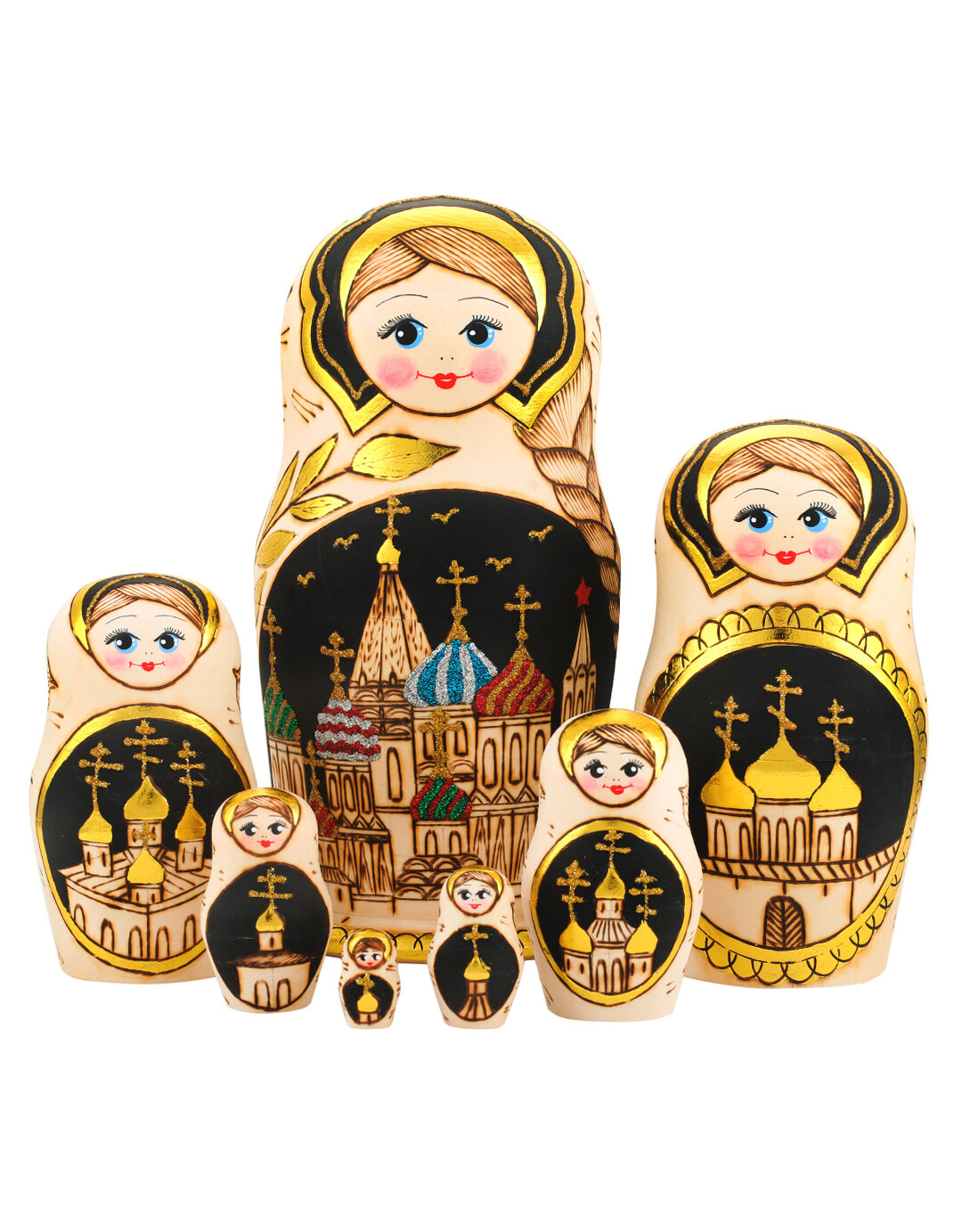 Матрешка " Храмы России ", черная, 7 мест, 21 см, разборная.