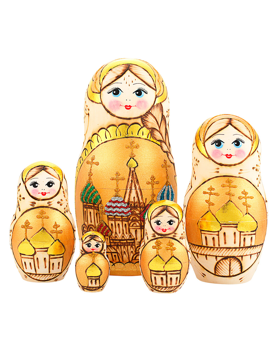 Матрешка " Храмы России ", золотая, 5 мест, 18 см, разборная.