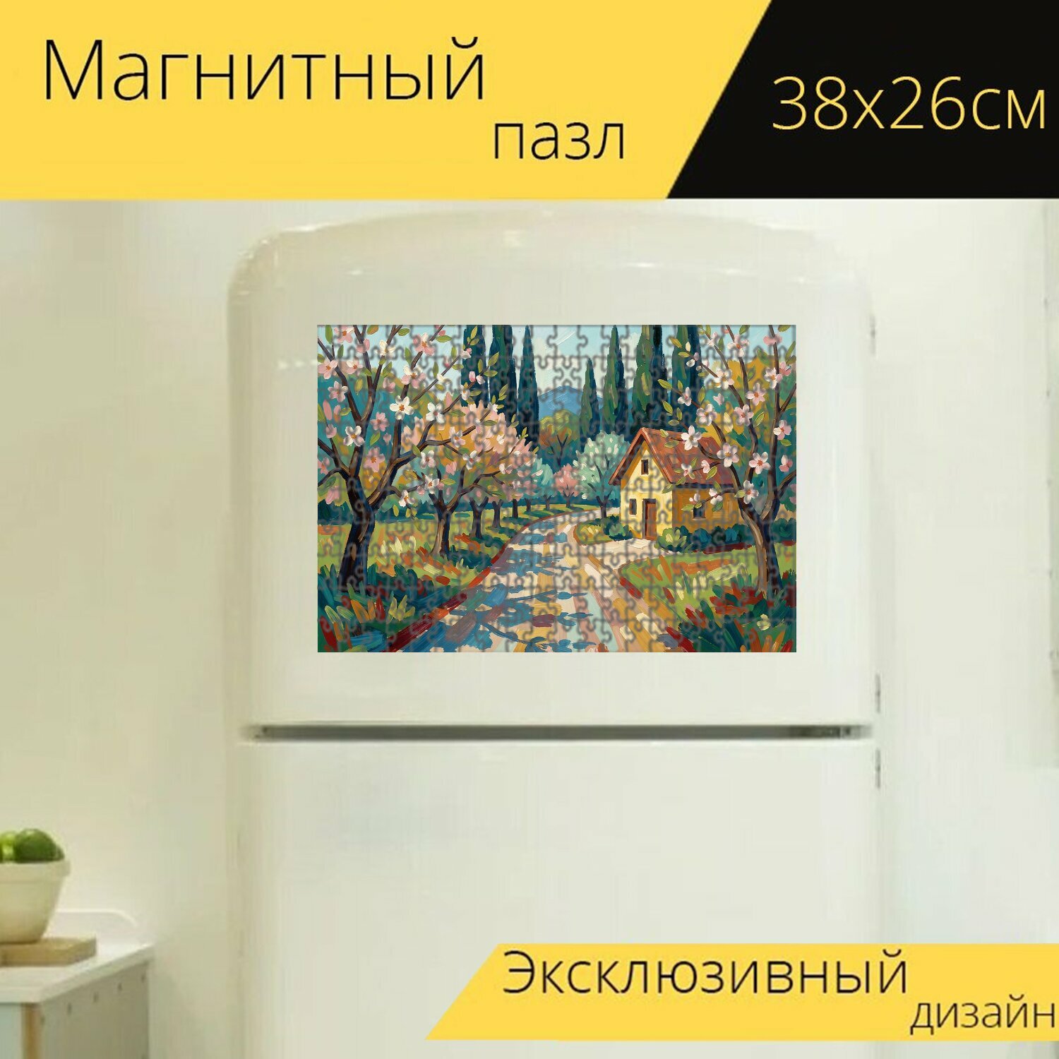 Магнитный пазл "Весенний домик в саду. Яркая живописная сцена с уютным сельским домом, цветущими деревьями и извилистой дорожкой. Масляные мазки, голубые и." для интерьера, 38х26 см.