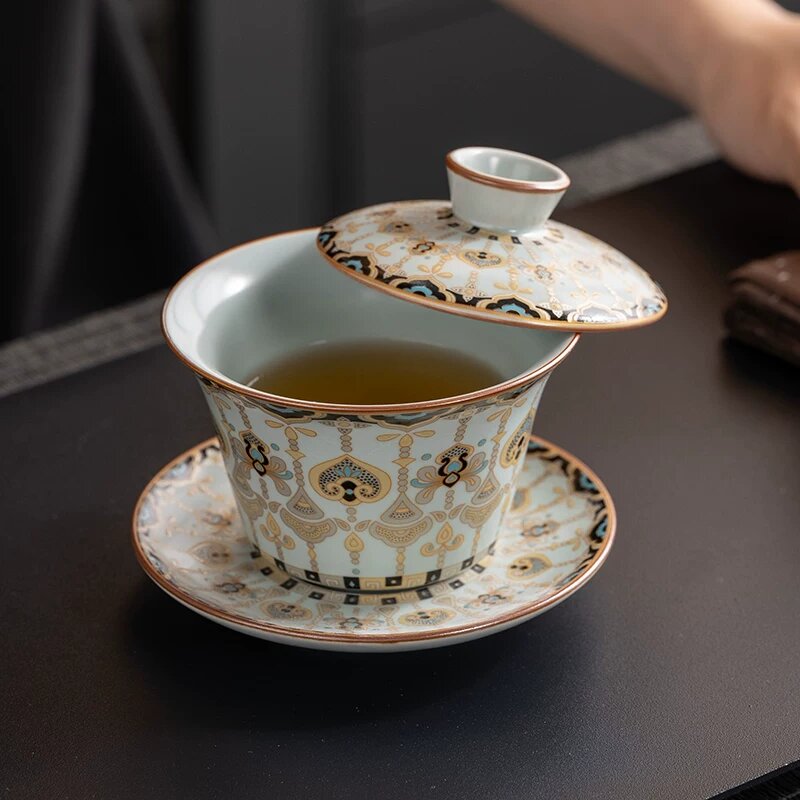 Синий чайник с узором лотоса Дуньхуан и функцией 360° плавного вращения для традиционных чайных наборов