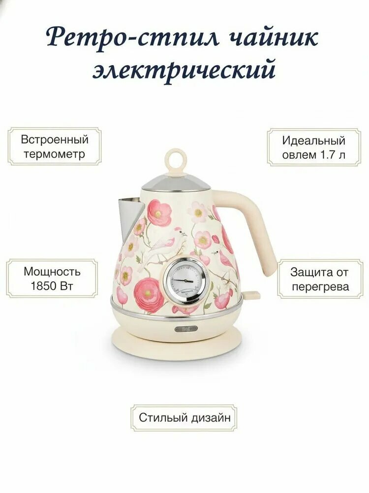 Электрический чайник Электрический чайник 1.7 л 1850 Вт: Точный контроль температуры в изысканном ретро-дизайне, розовый