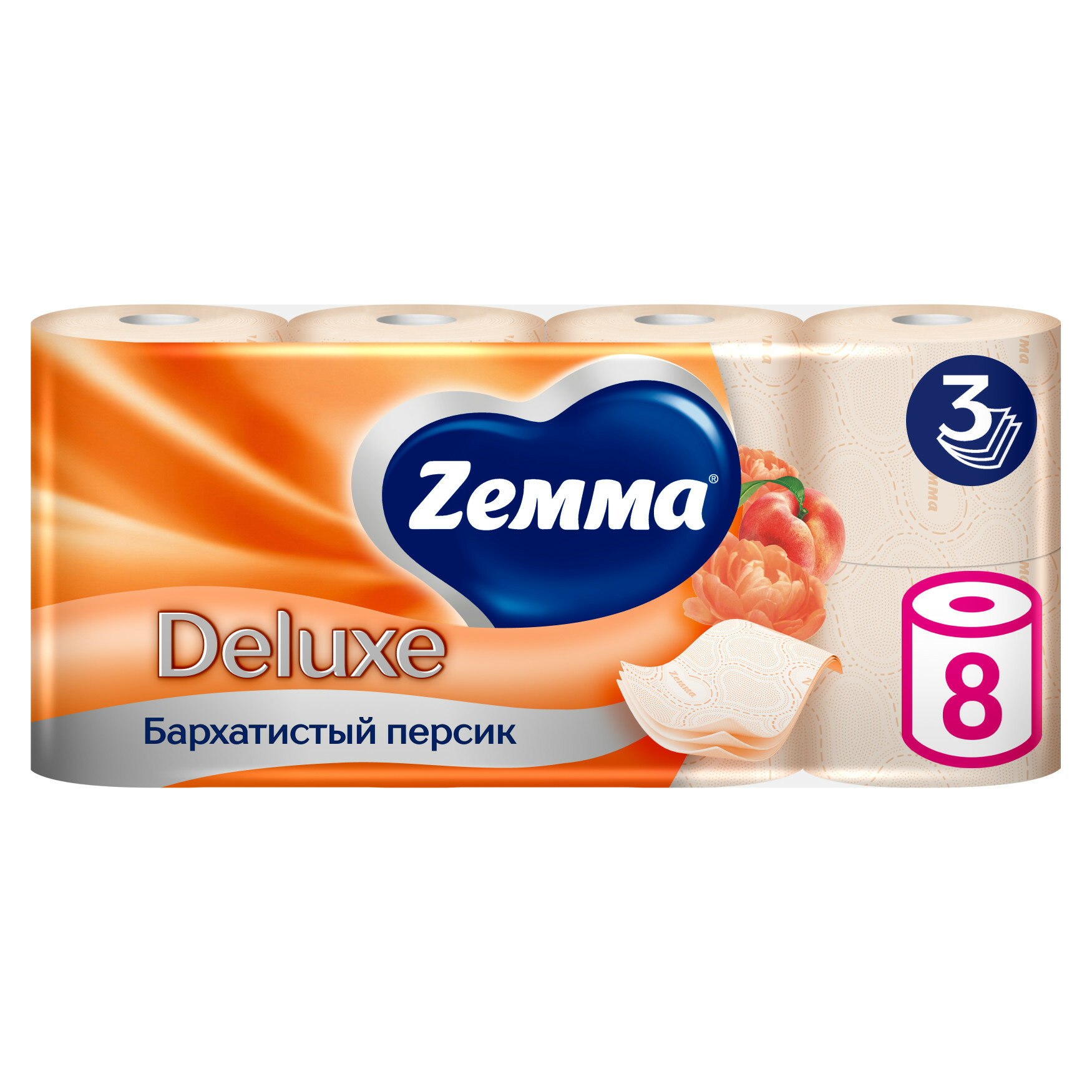 Туалетная бумага Zemma Deluxe Бархатистый персик, 3 слоя, 8 рулонов