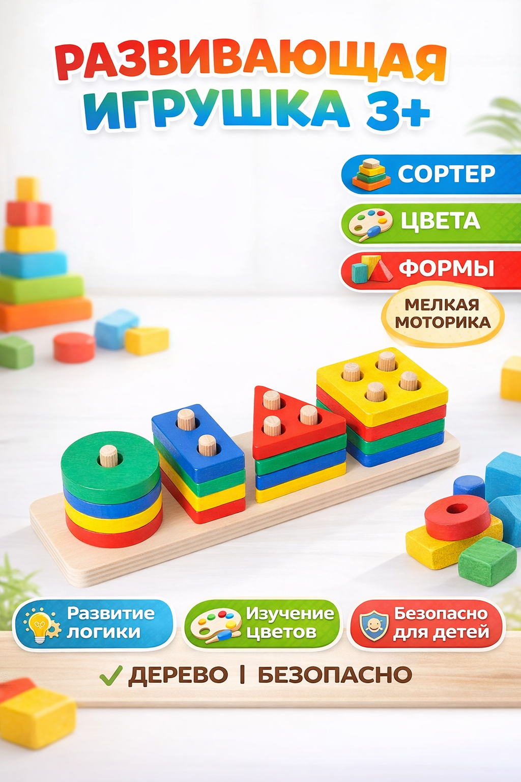 Деревянная развивающая пирамидка-сортер для детей, логическая игрушка с геометрическими фигурами